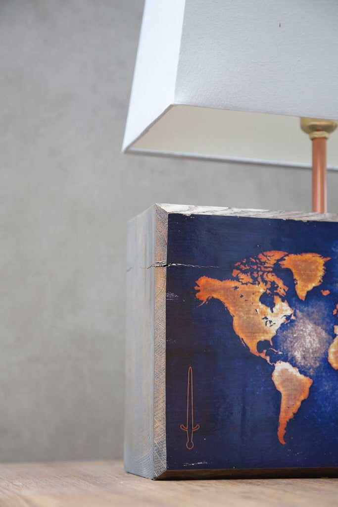 Grey World Map Table Lamp made in the UK by Cappa E Spada for AUTHOR